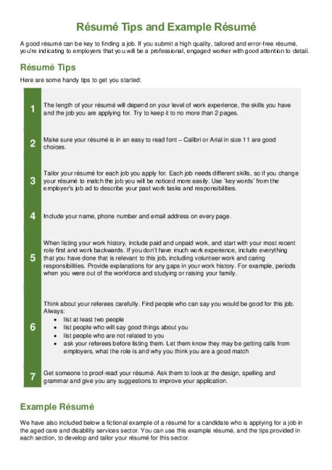 Résumé Tips and Example Résumé - Department of Employment and Workplace ...