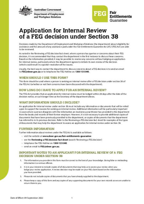 Internal Review of a FEG decision under Section 38 – Application Form ...