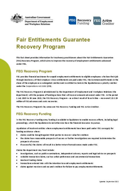FEG Recovery Program Fact Sheet - Department of Employment and ...