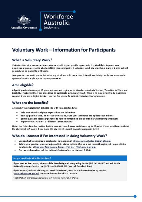 Voluntary Work participant fact sheet - Department of Employment and ...