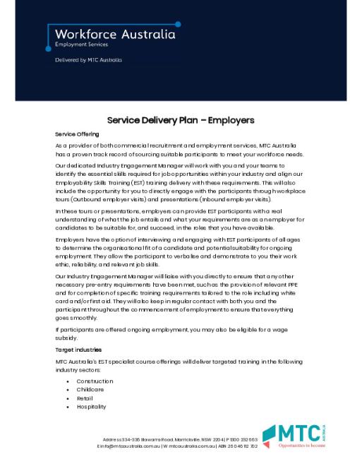 EST Service Delivery Plan - MTC Australia (Employer) - Department of ...