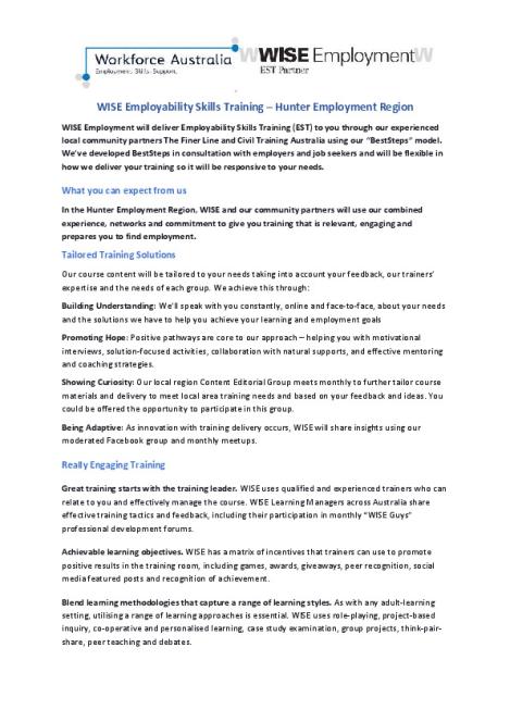 EST Service Delivery Plan - NSW - Hunter - WISE Employment (Participant ...