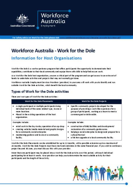 Work for the Dole Information for Host Organisations Fact Sheet ...