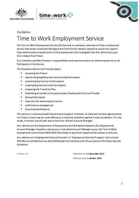 Time to Work Employment Services Guideline - Department of Employment ...