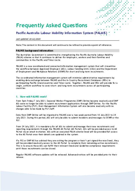 PALMIS Frequently Asked Questions - Department of Employment and ...