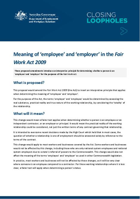 Meaning of 'employee' and 'employer' in the Fair Work Act 2009 ...