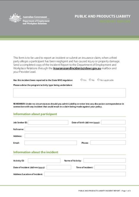 Public and products liability claim and incident report form ...