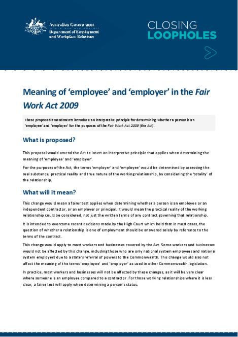 Meaning of 'employee' and 'employer' in the Fair Work Act 2009 ...