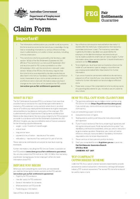 FEG Claim Form - Department of Employment and Workplace Relations ...