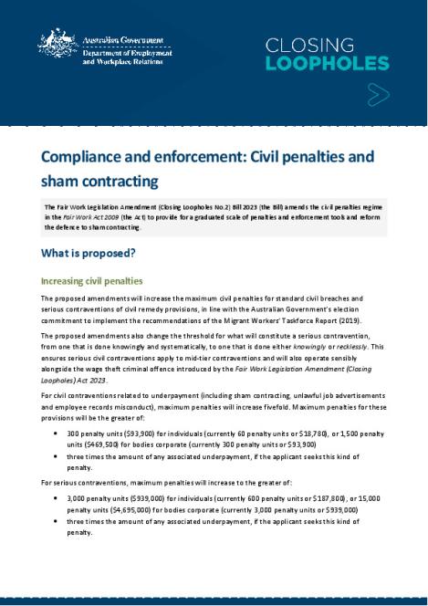 Compliance and enforcement: Civil penalties and sham contracting ...