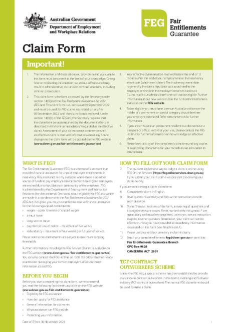 FEG Claim Form - Department of Employment and Workplace Relations ...