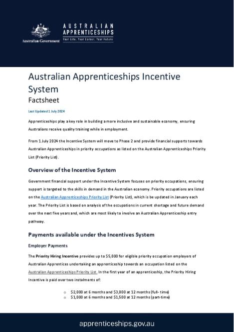 Australian Apprenticeships Incentive System Factsheet - Department of ...