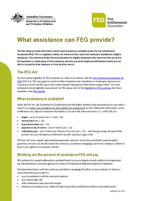 What assistance can FEG provide Factsheet - Department of Employment ...