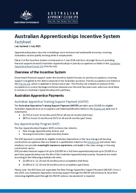 Australian Apprenticeships Incentive System Factsheet - Department of ...